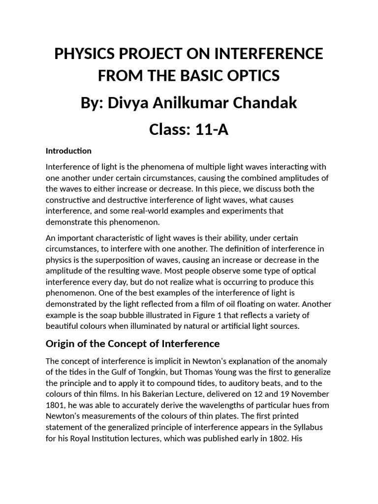 Physics Project On Interference From The Basic Optics | PDF | Coherence (Physics) | Waves