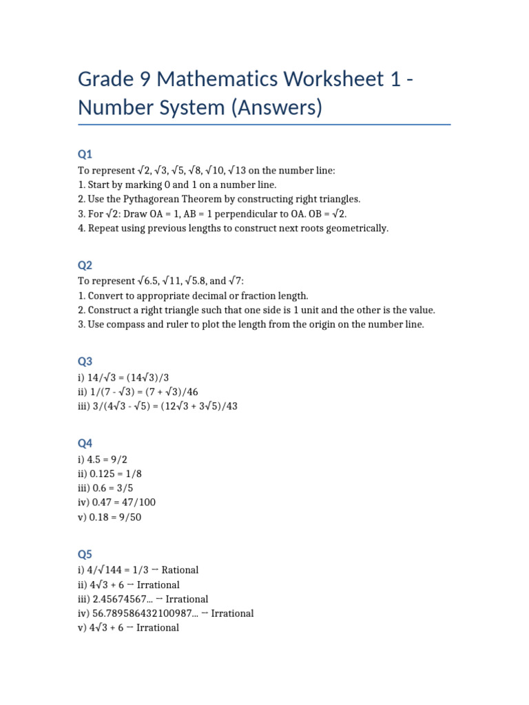 Grade9 Maths Worksheet1 Answers | PDF