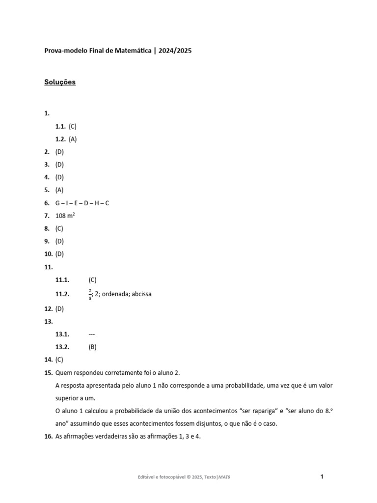 Soluções Prova Modelo Matemática 2025 | PDF