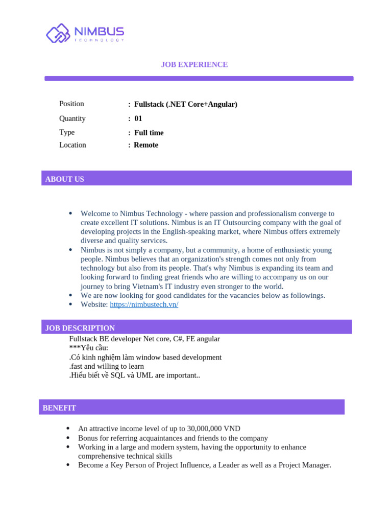 Nimbus - Fullstack (.NET Core-Angular) - Remote | PDF