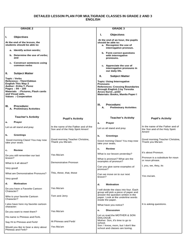 Detailed Lesson Plan For Multigrade Classes in Grade 2 and 3 1 | PDF ...