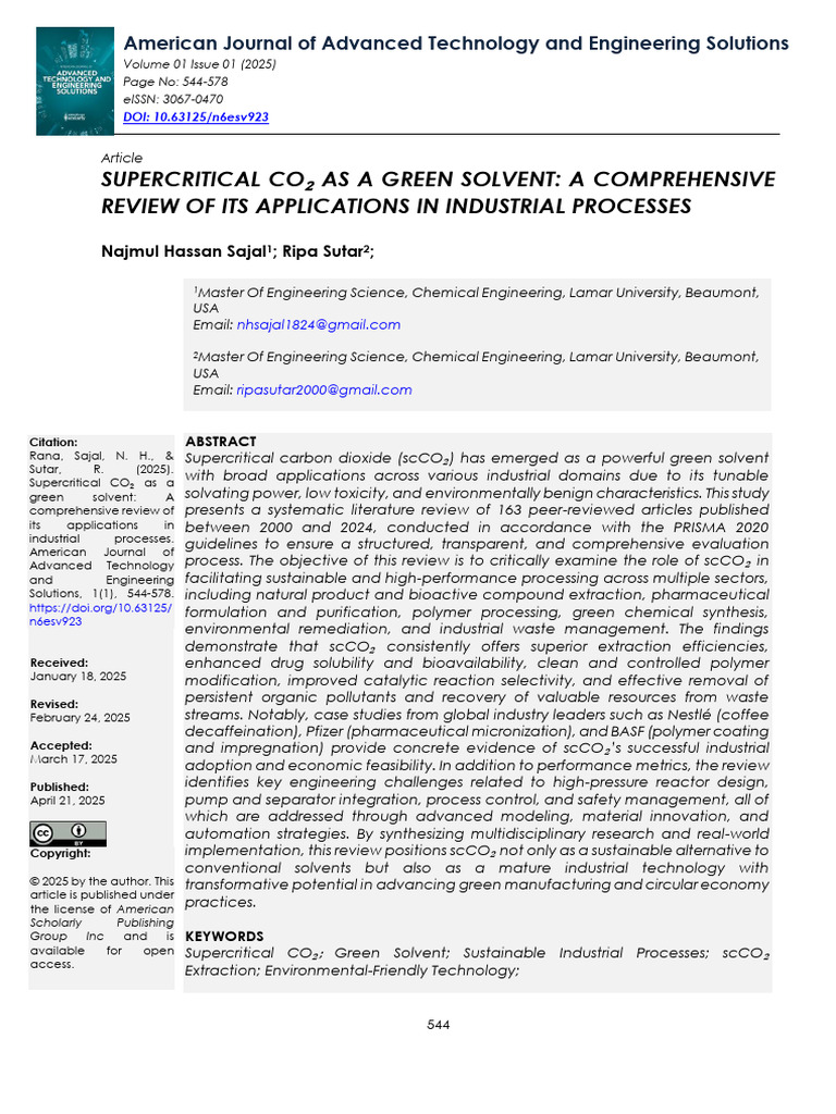Supercritical CO2 as a green solvent- Najmul H Sajal Ripa Sutar | PDF | Supercritical Fluid ...