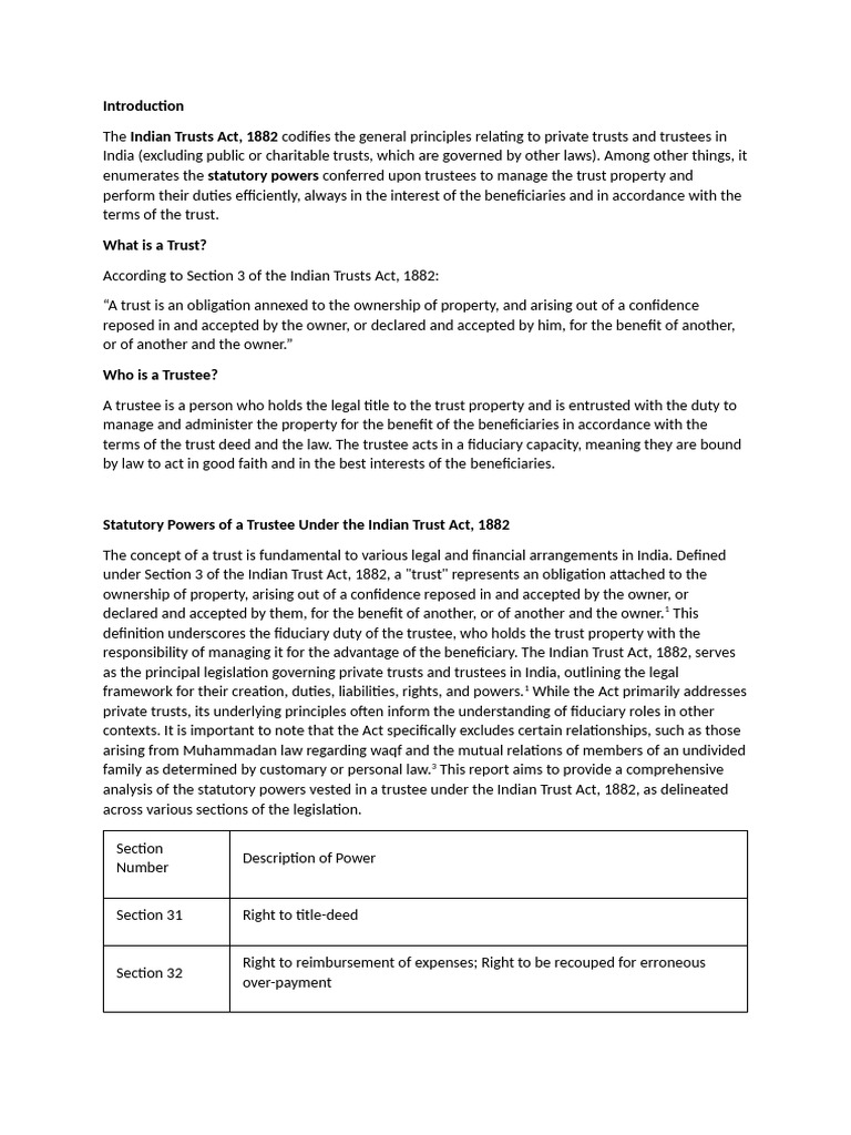 Statutory Powers of A Trustee Under The Indian Trust Act | PDF | English Trust Law | Trustee