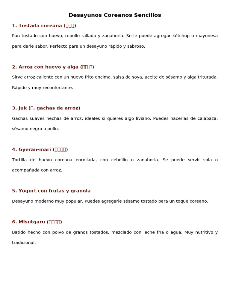 Desayunos Coreanos Sencillos y Rápidos | PDF