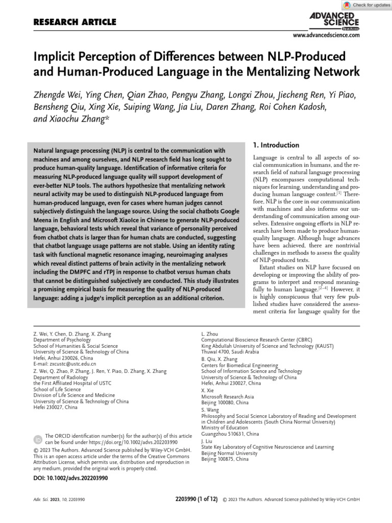 Advanced Science - 2023 - Wei - Implicit Perception of Differences Between NLP Produced and ...