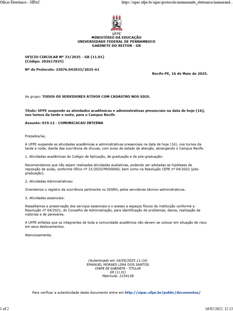 Ofício Eletrônico - SIPAC - Suspende Atividades Acadêmicas e Administrativas Presenciais 16.05. ...