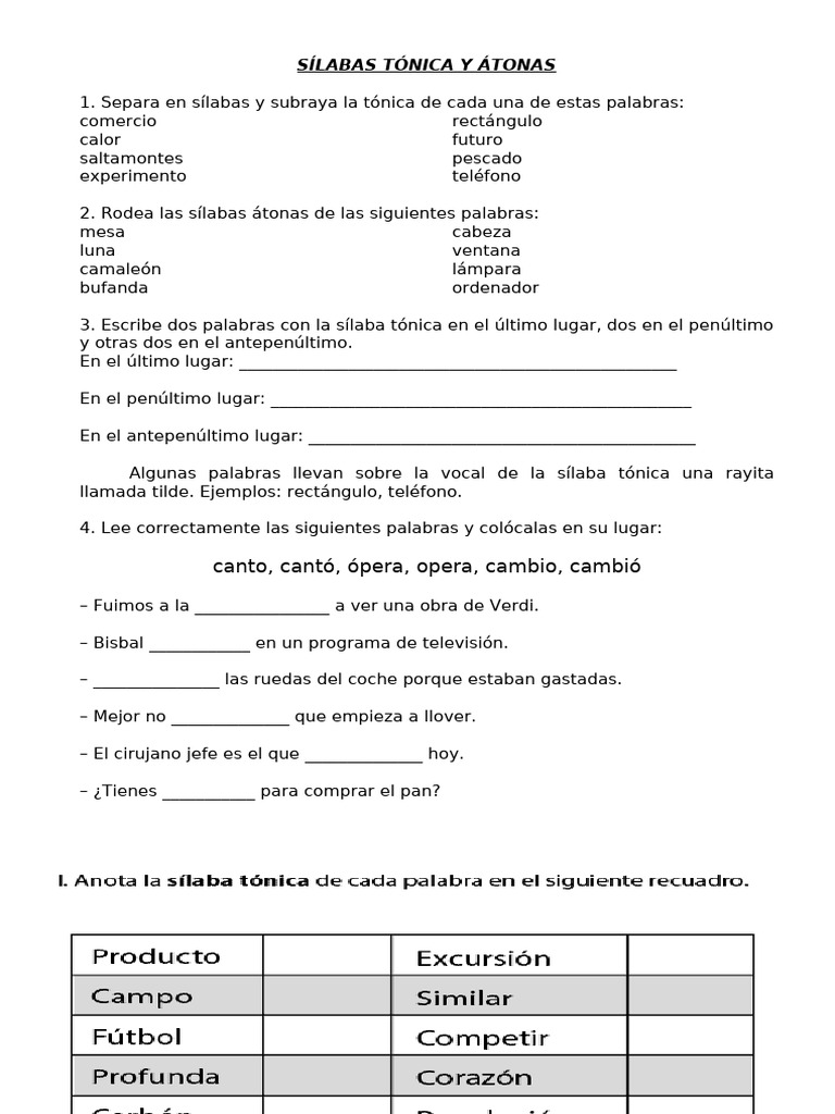 SÍLABAS TÓNICA Y ÁTONA (Ejercicios) | PDF