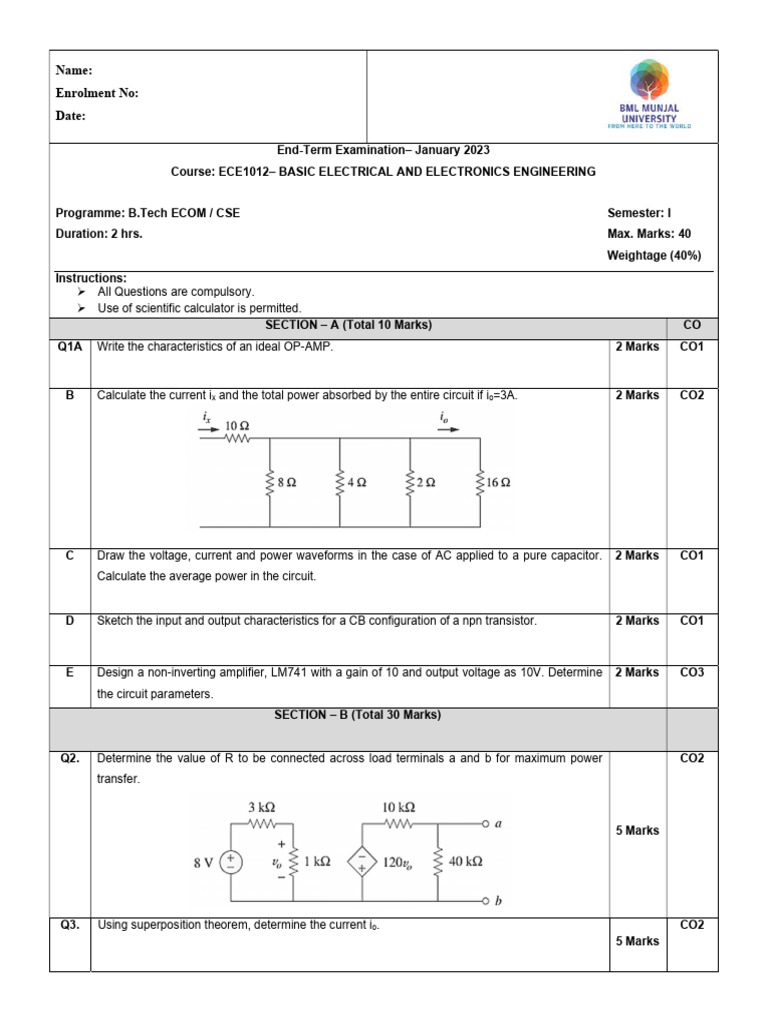 ECE1012 Exam: Electrical Engineering Basics | PDF | Operational ...