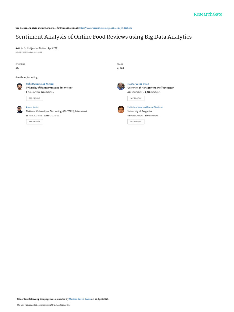 Sentiment Analysis of Online Food Reviews Using Big Data Analytics | PDF | Support Vector ...