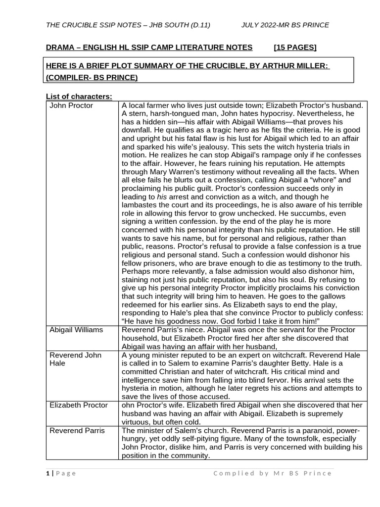 The Crucible: Grade 12 Study Notes | PDF