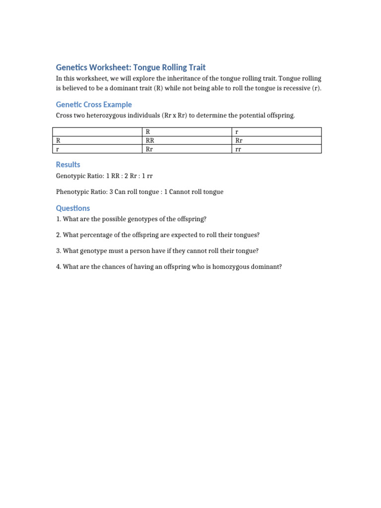 Tongue Rolling Trait Genetics Worksheet | PDF