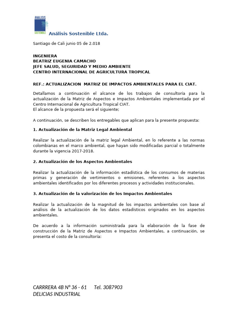 Propuesta Economica Actualizacion Matriz de Aspectos e Impactos Ciat | PDF | Entorno natural
