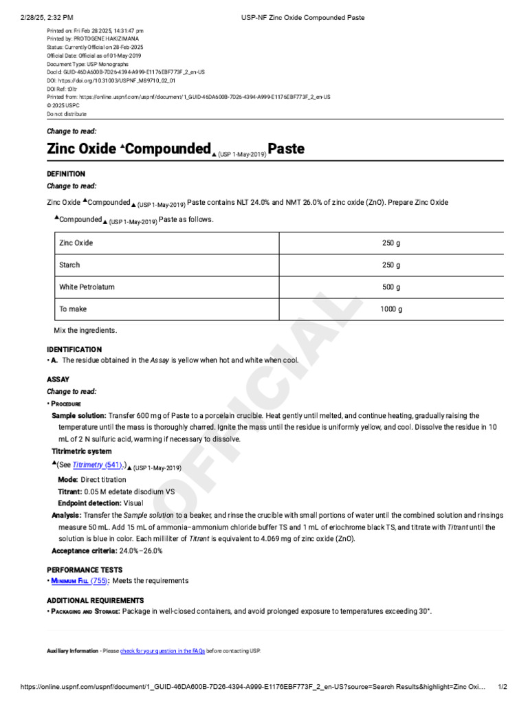 USP-NF Zinc Oxide Compounded Paste. | PDF | Titration | Chemistry