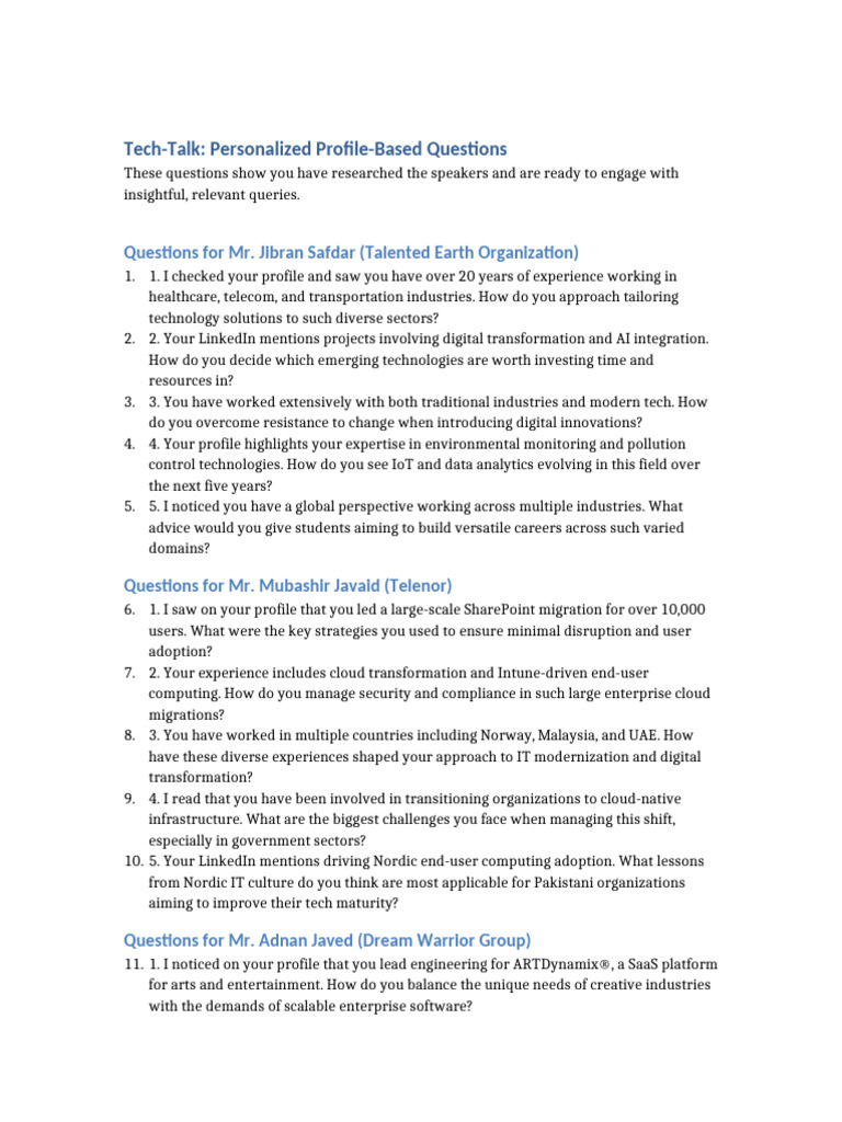 TechTalk Profile Based Questions | PDF | Linked In | Internet Of Things