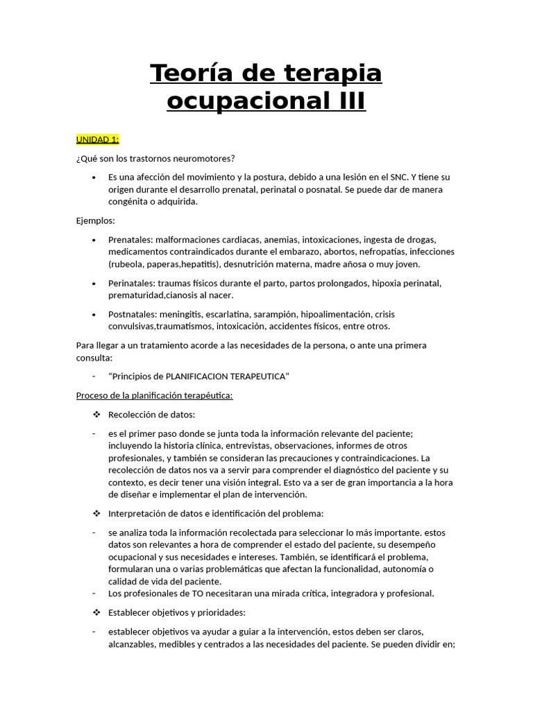 Teoría de terapia ocupacional III resumen u1 | PDF | Terapia ...
