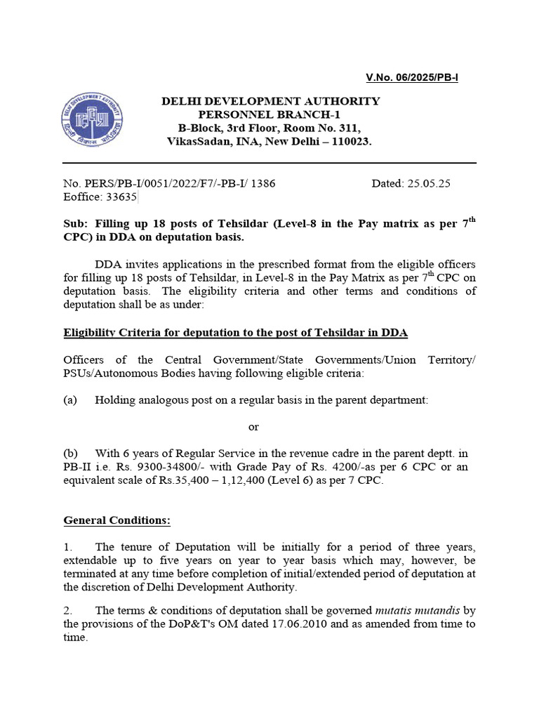 Filling Up of 18 Posts of Tehsildar On Deputation Basis in Dda | PDF