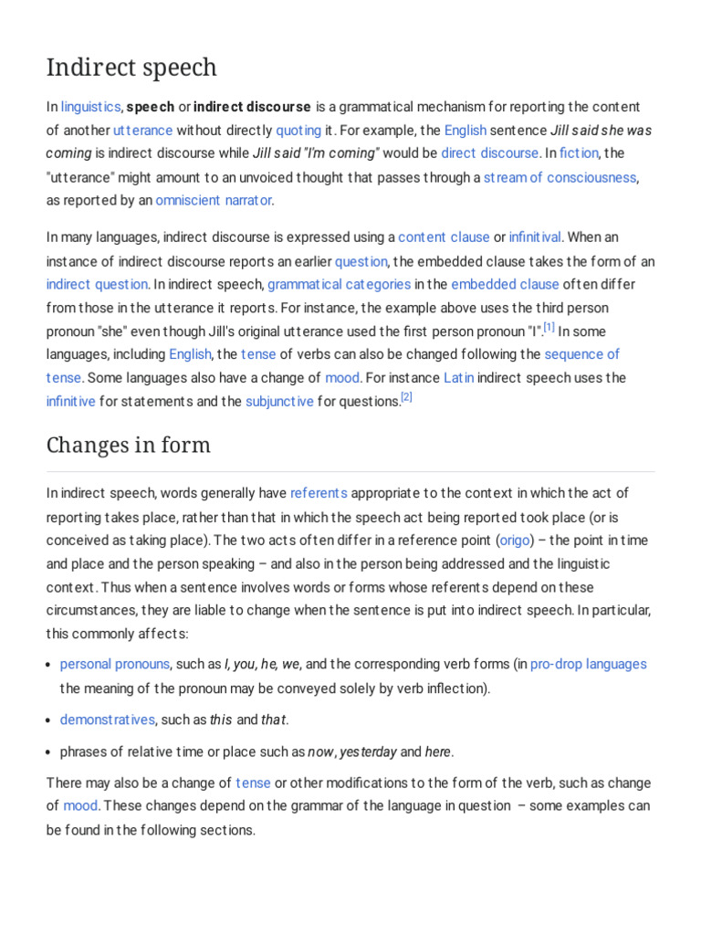 Indirect Speech - Wikipedia | PDF | Verb | Linguistics