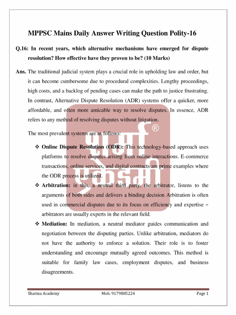 MPPSC Mains Daily Answer Writing Question Polity 16 English Medium | PDF