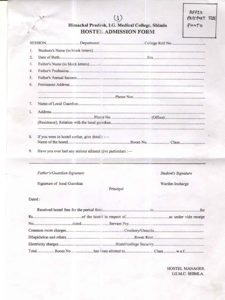 Hostel Admission Form | PDF