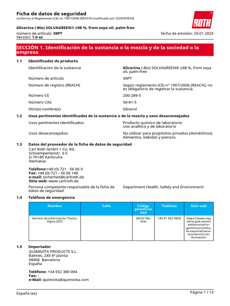 Ficha de Seguridad Glicerina | PDF | Toxicidad | Residuos