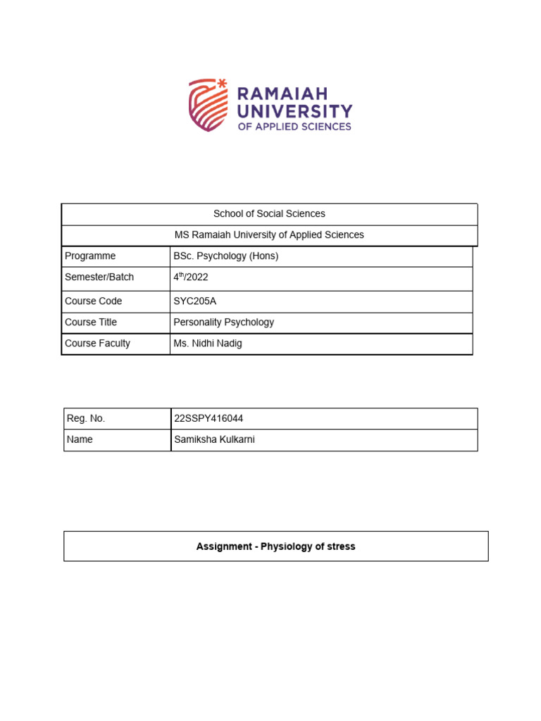 Physiology of Stress - Assignment | PDF | Stress (Biology) | Hypothalamic–Pituitary–Adrenal Axis