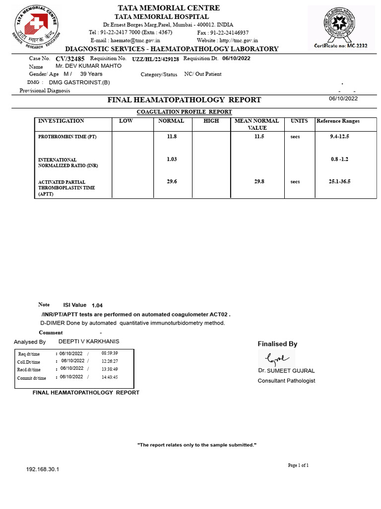 Coagulation Profile Report | PDF | Medicine | Tests