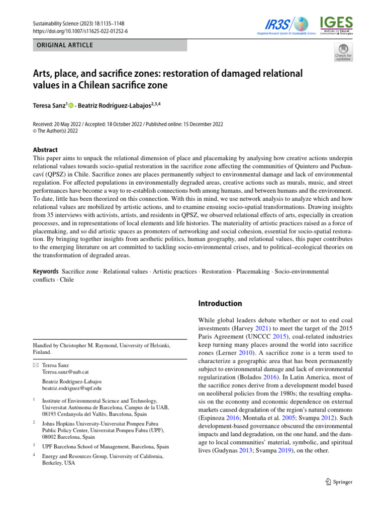 Arts, place, and sacrifice zones restoration of damaged relational ...