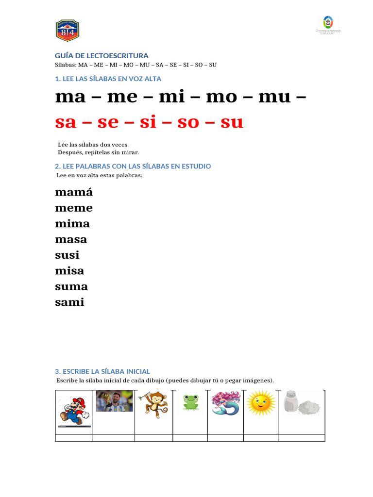 Guia Lectoescritura Ma Me Mi Mo Mu Sa Se Si So Su | PDF