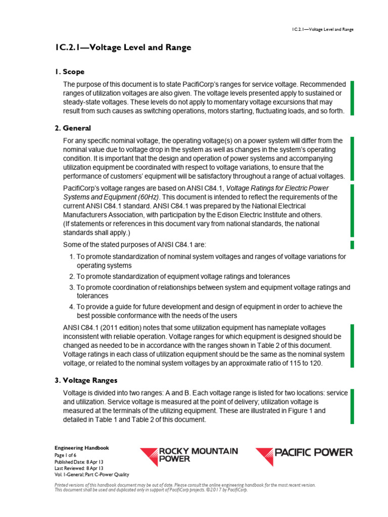 PacificCorp - Voltage Level and Range - C84.1 | PDF | Mains Electricity ...