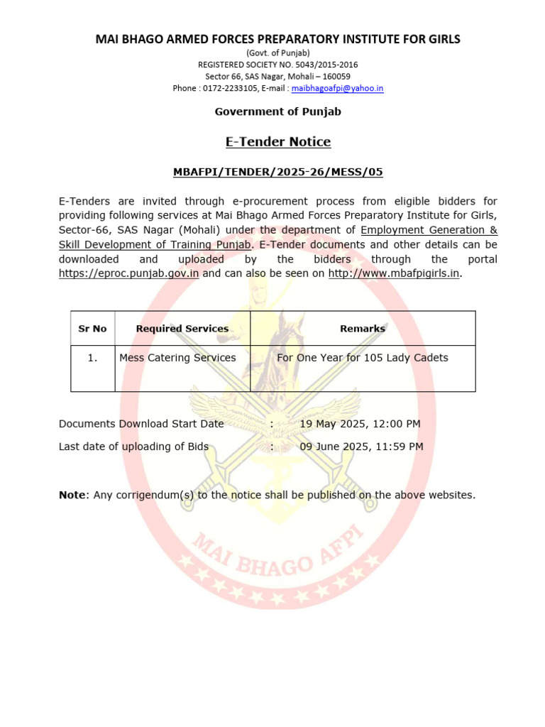 Mai Bhago Armed Forces Preparatory Institute For Girls: E-Tender Notice ...