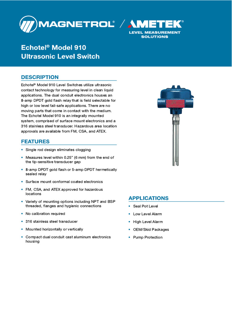 51-105 Echotel Model 910 Ultrasonic Level Switch | PDF