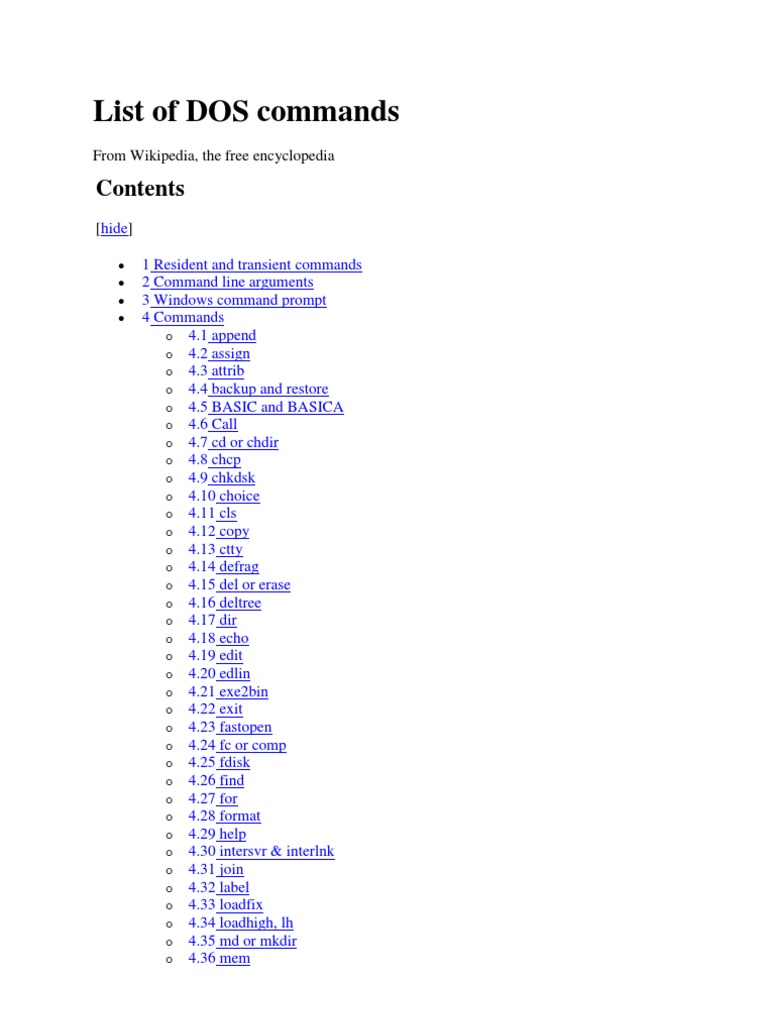 List of DOS Commands: From Wikipedia, The Free Encyclopedia | PDF | Dos | Command Line Interface