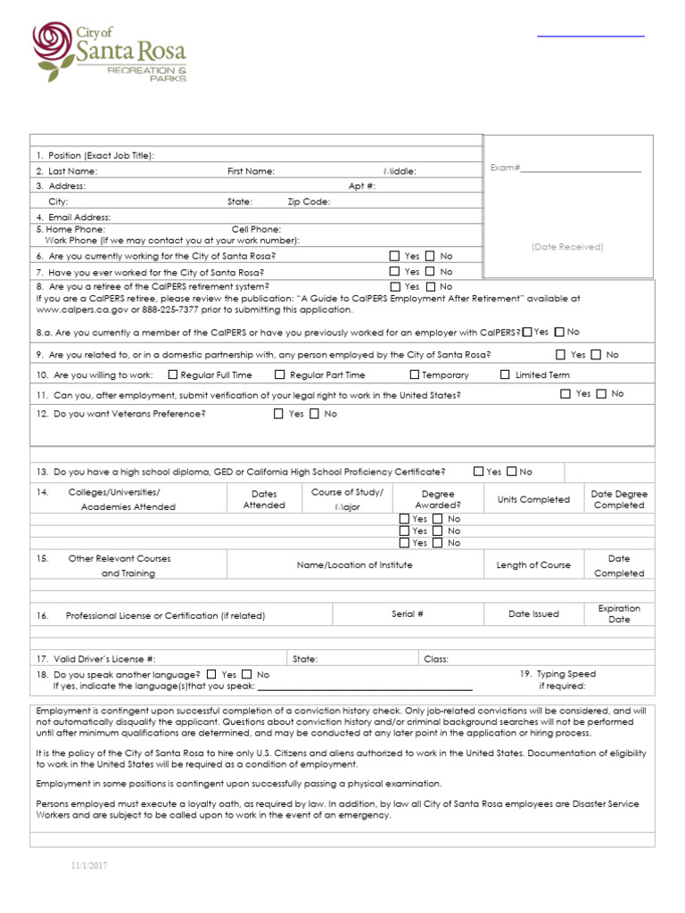 Santa Rosa Employment Application Form | PDF | General Educational ...