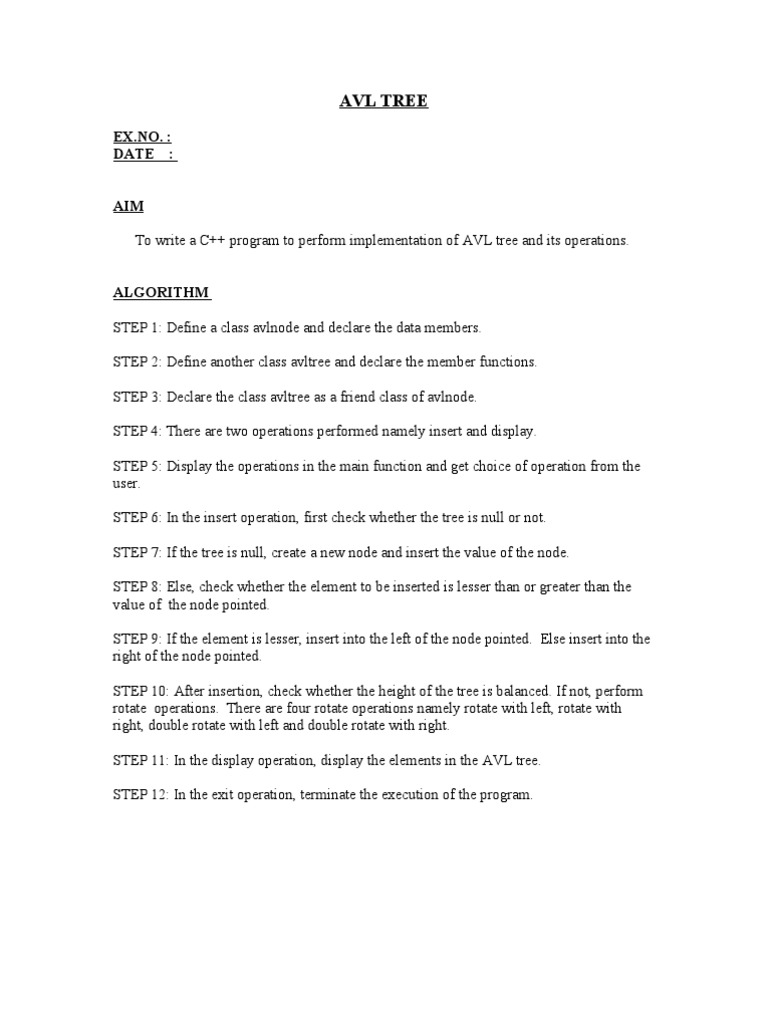 Avl Tree: EX - NO.: Date | PDF | Areas Of Computer Science | Applied Mathematics