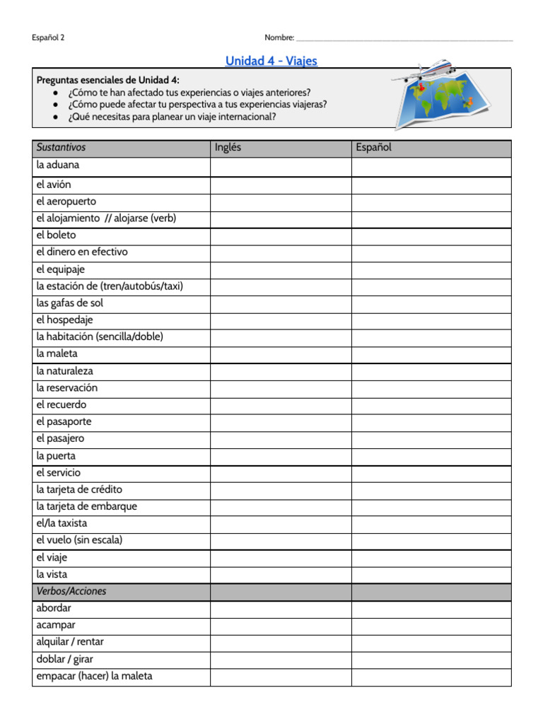 U4 Vocabulario - Viajes | PDF