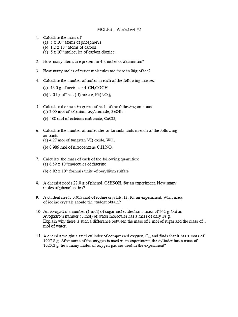 Moles Worksheet #2 (Chemistry) | PDF
