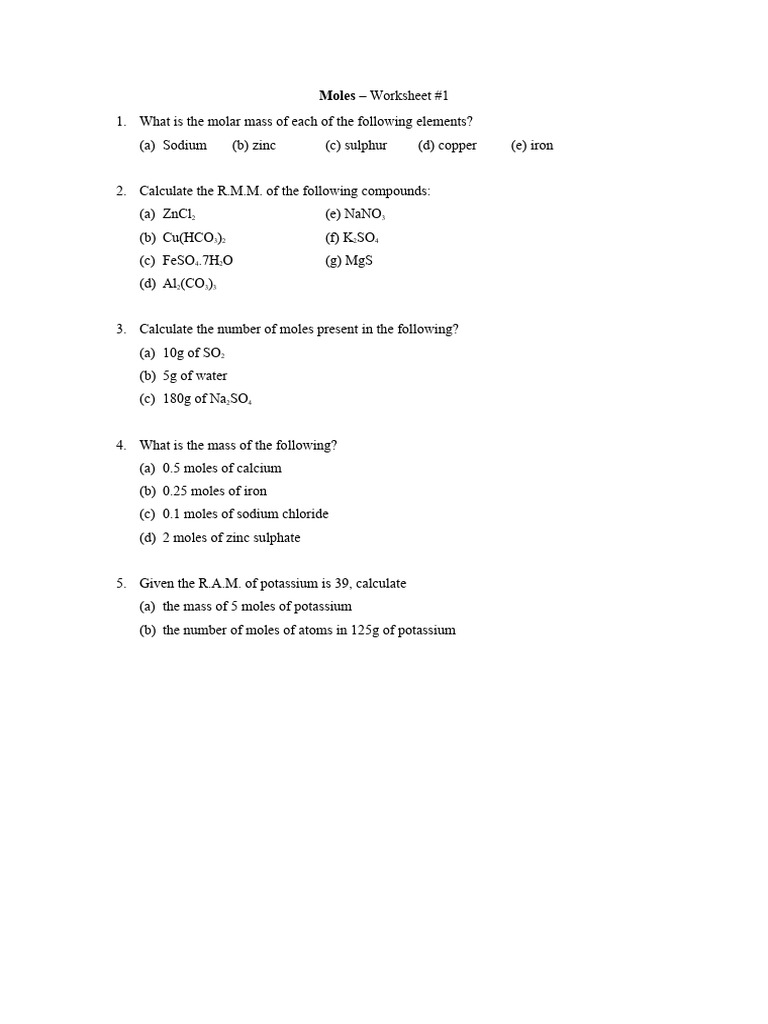 Moles Worksheet#1 | PDF