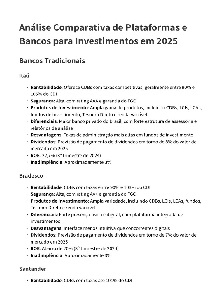 Análise Comparativa de Plataformas e Bancos para Investimentos em 2025 | PDF | Fundos mútuos ...
