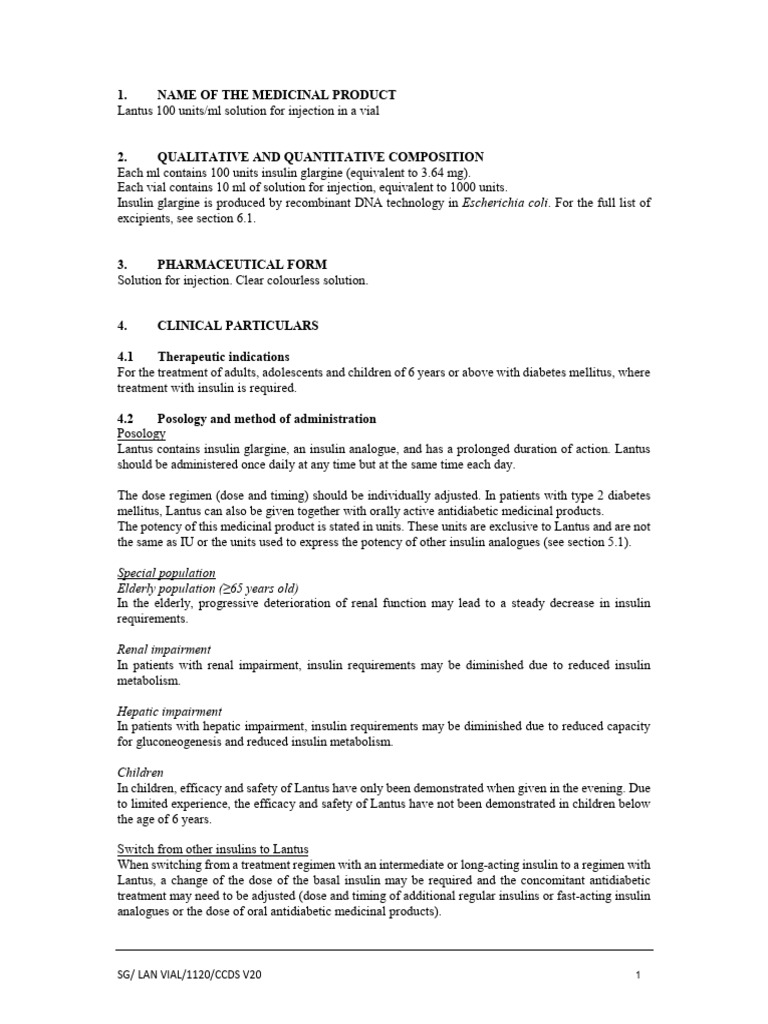 Lantus Solution For Injection in A Vial PI | PDF | Hypoglycemia | Insulin