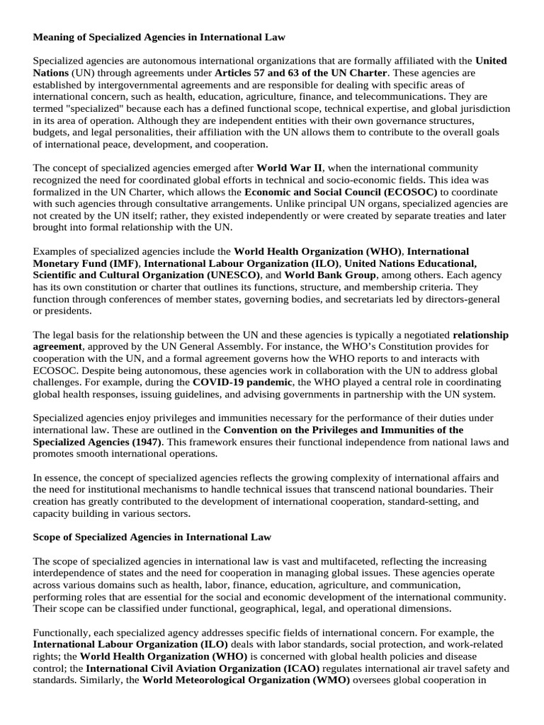 Concept of Specialized Agencies. | PDF | United Nations | International ...