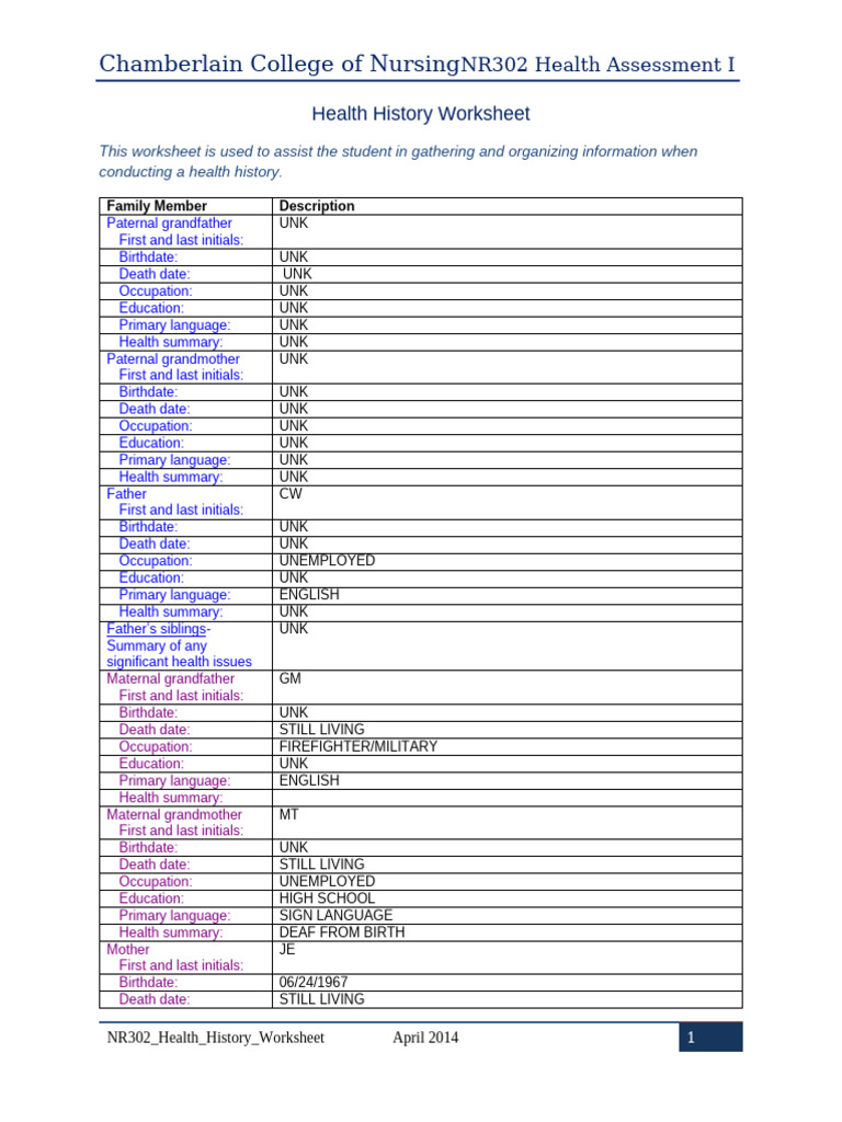 Health History Worksheet for NR302 | PDF | Chronic Condition | Human ...