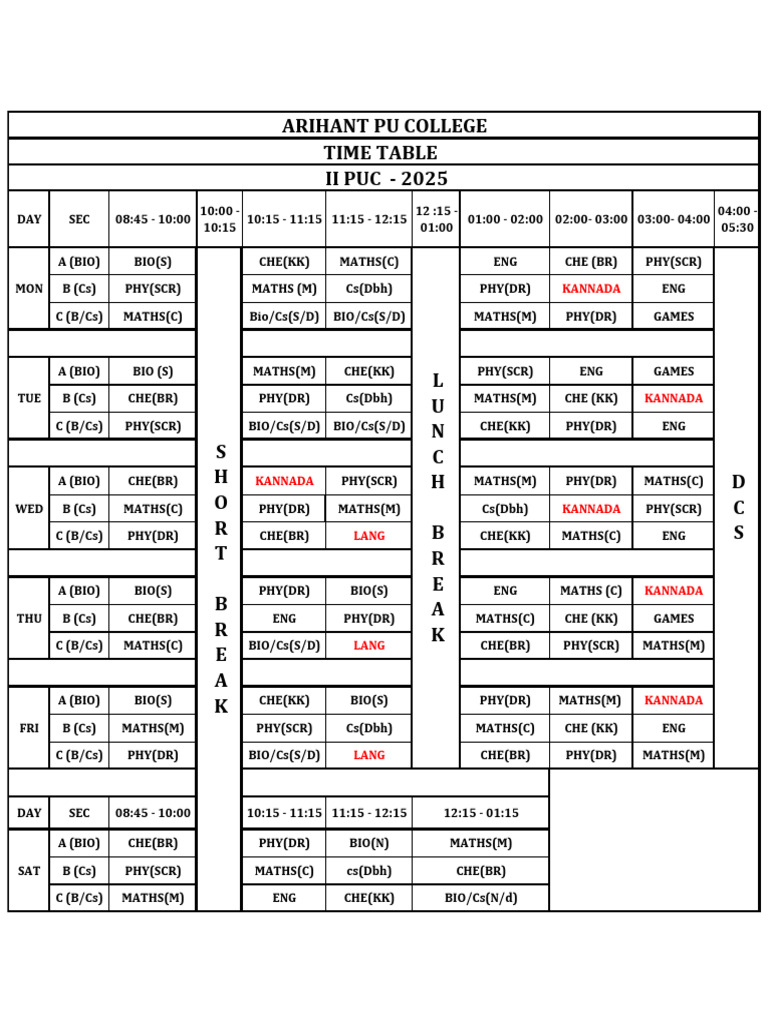 Arihant Pu College Time Table II PUC - 2025: Kannada | PDF