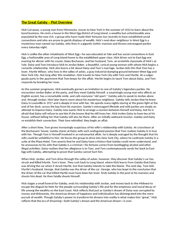 The Great Gatsby - Plot Overview | PDF | The Great Gatsby