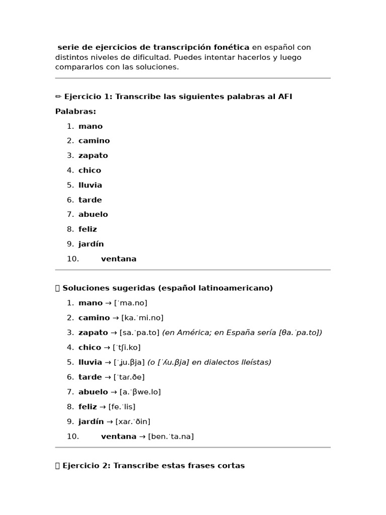 Ejercicios de Transcripción Fonética en Español | PDF