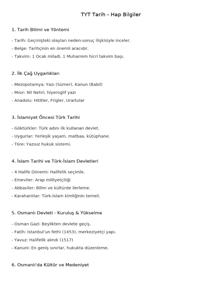 TYT Tarih Hap Bilgiler | PDF