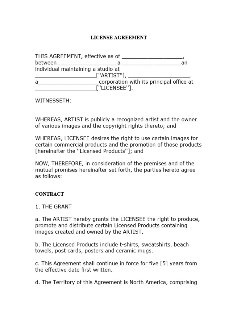 Art License Agreement Between An Artist and Licensee | PDF | Royalty ...