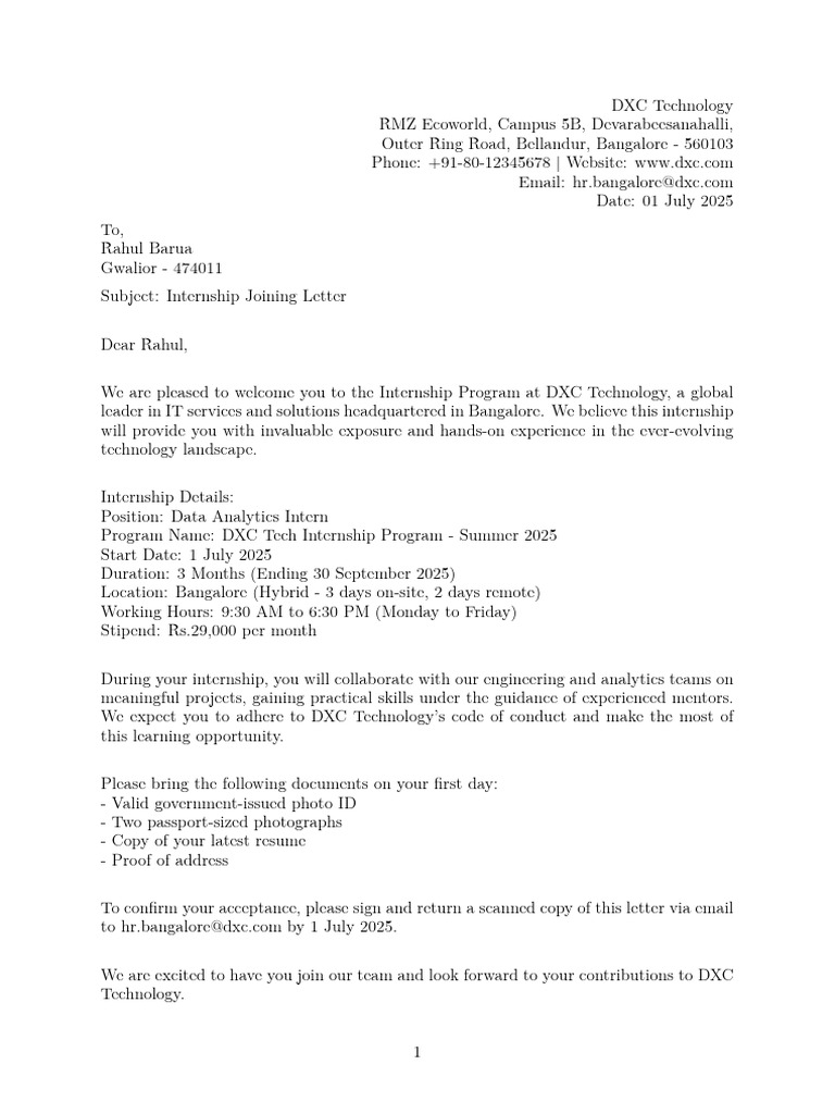 DXC Technology Internship Offer Letter | PDF