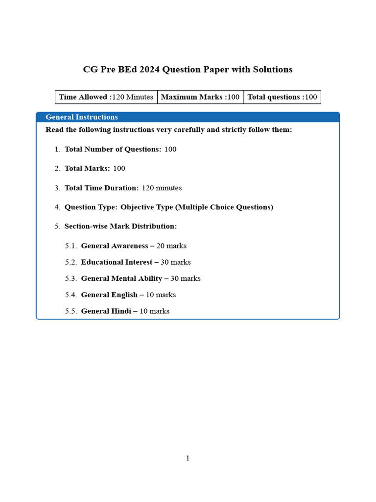 CG Pre BeD 2024 Hin 1 | PDF | Shape | Mirror