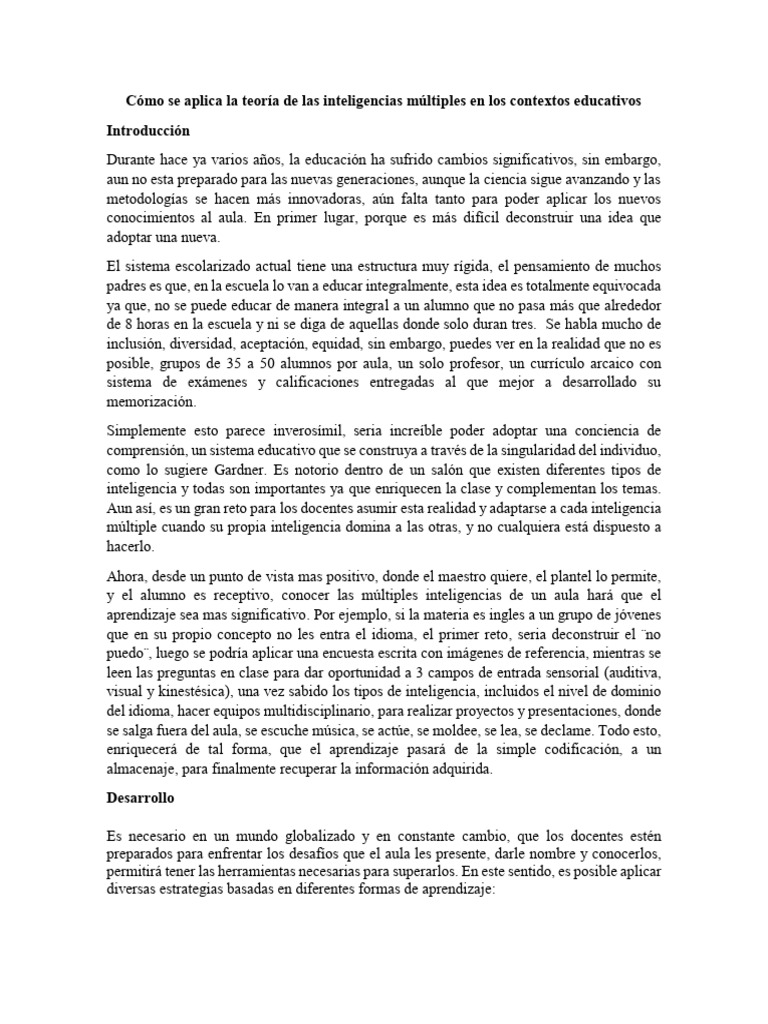 Cómo Se Aplica La Teoría de Las Inteligencias Múltiples en Los Contextos Educativos | PDF ...