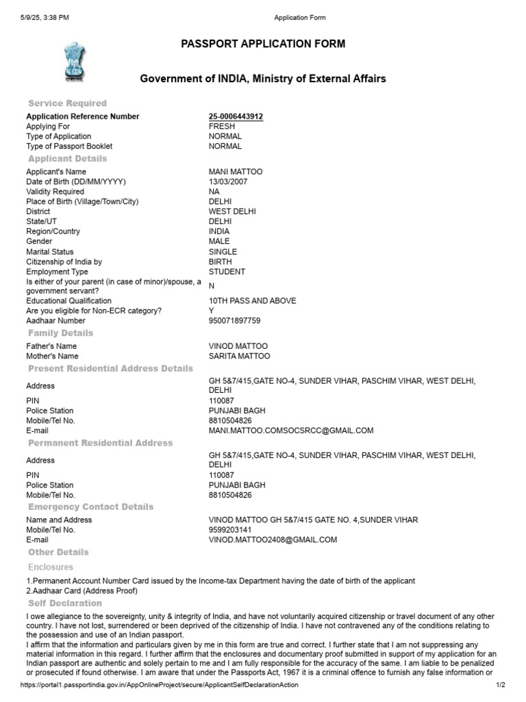 India Passport Application Form for Mani Mattoo | PDF | Passport ...
